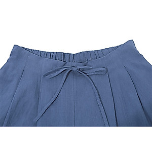 ebossy Women's Summer Drawstring Elastic Waist Cotton Linen Utility Beach Palazzo Pants Pockets (XL, Blue)