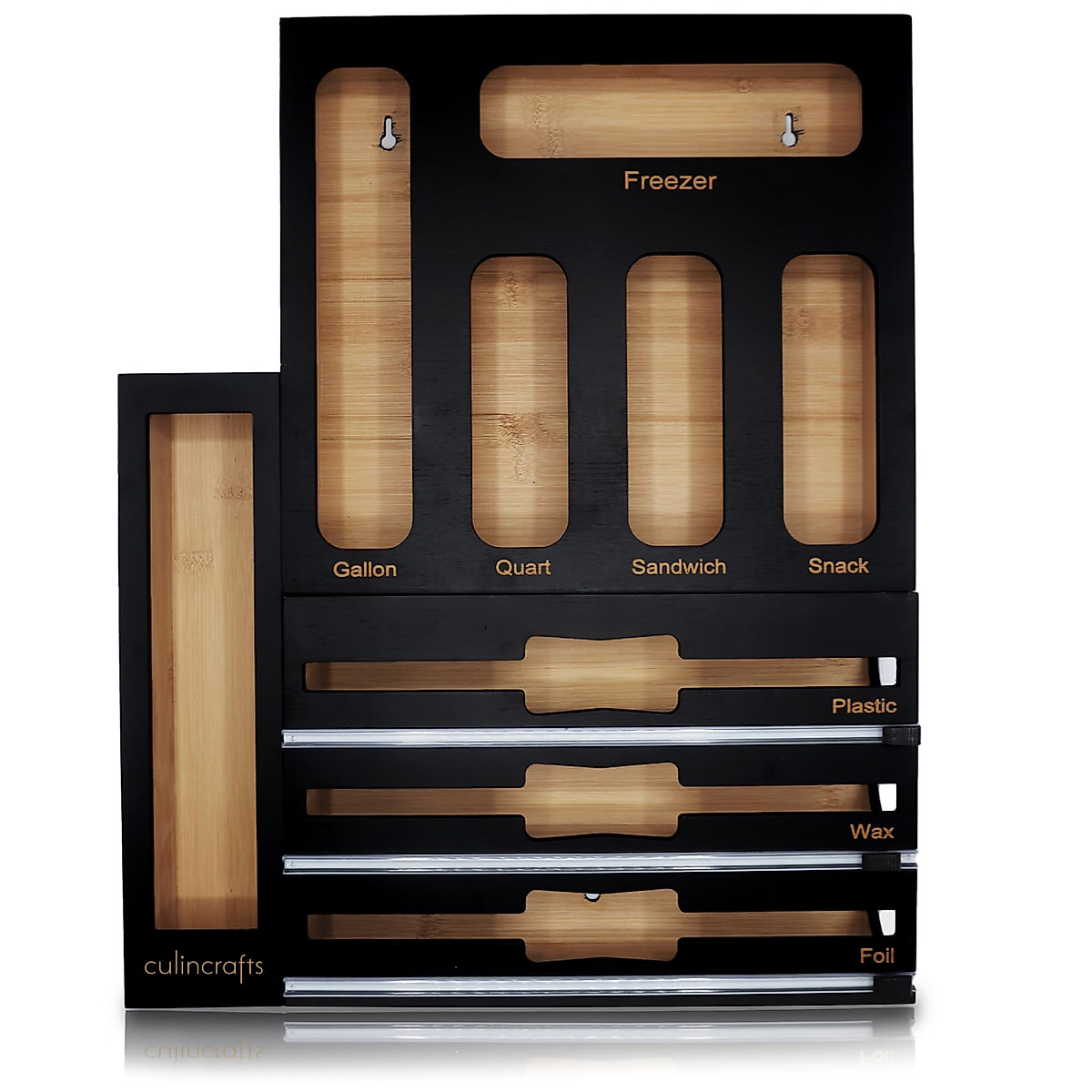 Culincraft Bamboo Storage Bag Organizer kitchen drawer | Holder for Gallon, sandwich and snack bags, aluminium foil holder with Plastic Wrap Storage Organizer