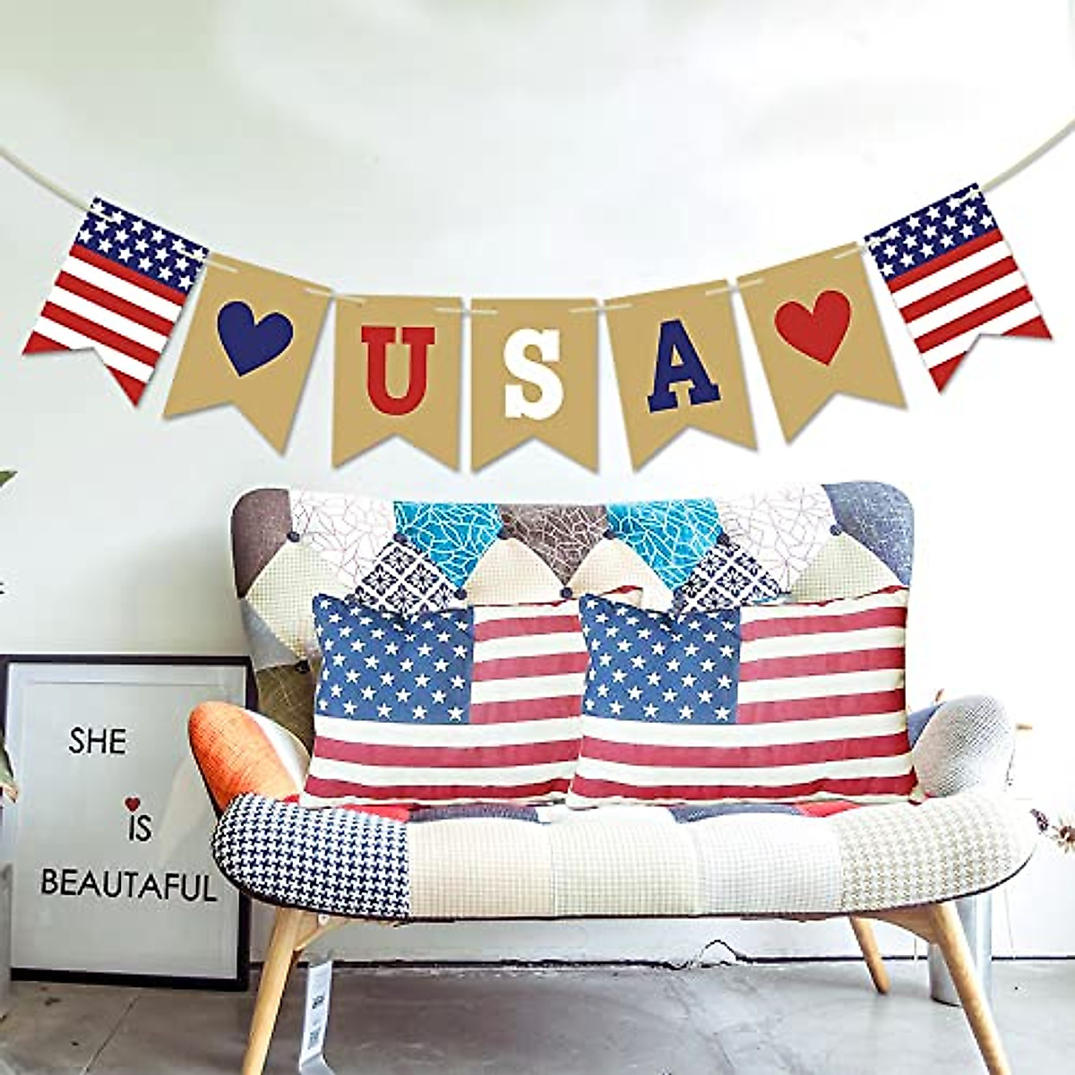 USA Banner Patriotic Garland Bunting 4th th of July Decorations American Independence Day Parade Memorial Day Veterand Day Celebration Red White and Blue Theme Indoor Outdoor Party Supplies