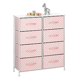 mDesign 38.31" High Steel Frame/Wood Top Storage Dresser Furniture, 8 Fabric Drawers, Large Bureau Organizer for Baby, Kid, Teen Bedroom, Nursery, Playroom, Dorm, Pink/White Polka Dot