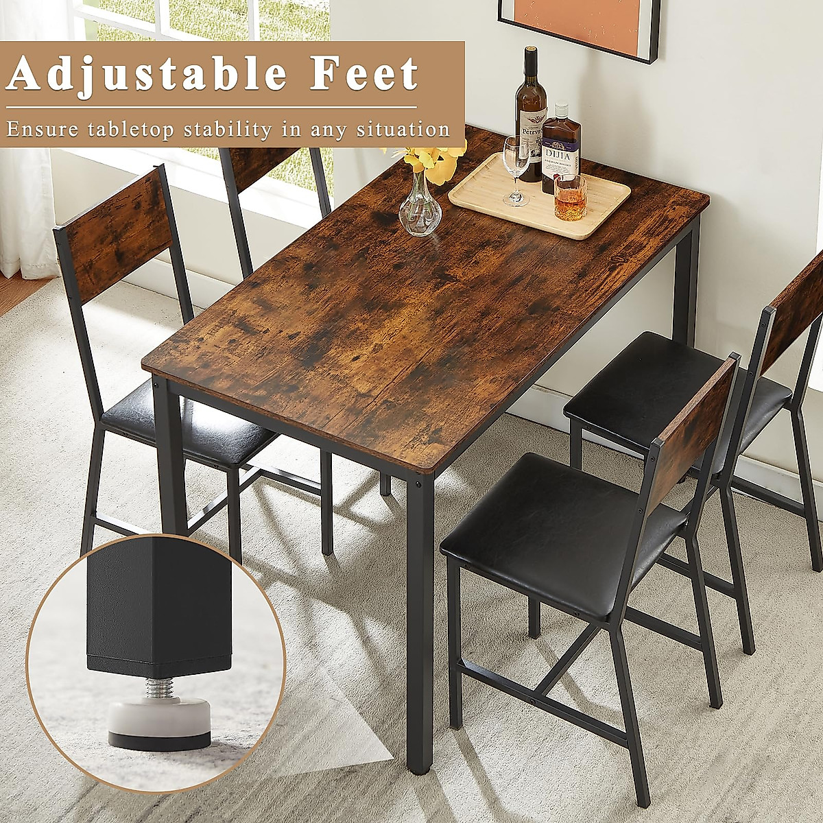 Rovibek 4 Chairs Dining Table Set for 4-8, Modern Space Saving Kitchen Desk, Wooden Industrial Style Farmhouse, 47", Leather Black Brown