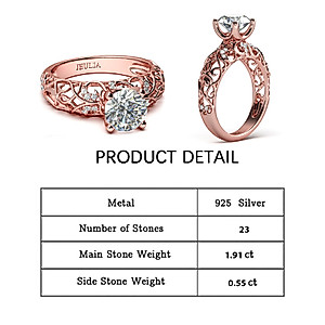Jeulia 2 Carat Leaf Vines Rings for Women 925 Sterling Silver Rose Gold Plated Engagement Rings Round Cut Diamond Wedding Band Rings Solitaire CZ Promise Anniversary Rings Romantic Gift (Rose Gold, 9)
