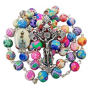 TALISMAN4U CATHOLIC ROSARY NECKLACE Colorful Polymer Beads Our Lady of Fatima Jesus Cross Holy Land Gift Rosary Pouch