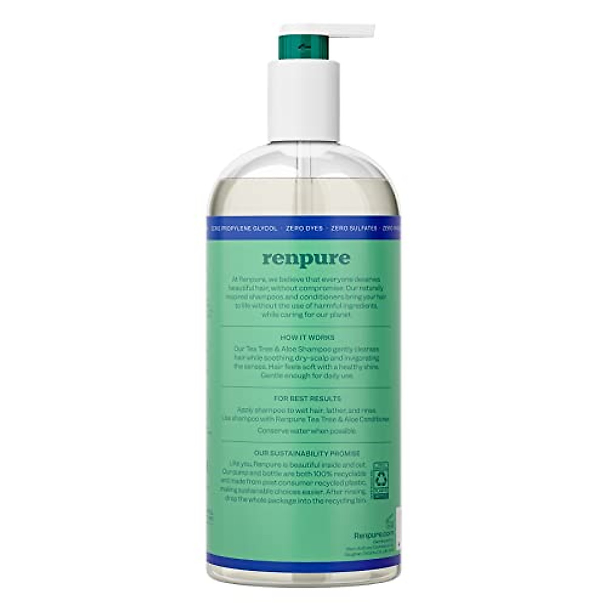 Renpure Tea Tree and Aloe Refreshing Shampoo - Rids Hair of Grime - Soothes Dry Scalp - Leaves Hair Soft and Hydrated - Suitable for Daily Use - Dye Free - Recyclable, Pump Bottle Design - 32 fl oz
