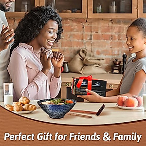 YTLEMON Ramen Bowls Set of Ceramic, 2 Sets of 34 Ounces Large Japanese Serving Bowls with Chopsticks and Spoons Forks, Dinnerware for New Apartments Suitable as Housewarming Gifts (A: Blue)