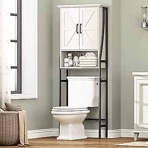 MXARLTR Over The Toilet Storage Cabinet, Over Toilet Bathroom Organizer, Above Toilet Storage Cabinet with Barn Doors Behind Toilet Bathroom Organizer Over-The-Toilet Cabinet (Cream White)