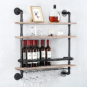 Industrial Hanging Wine Glass Rack Wall Mounted,30in Pipe Shelf Wine Rack with 7 Glass Holder,Rustic Wine Glass Holder Stemware Racks,Pipe Shelving Wood Shelves Floating Wine Glass Shelf