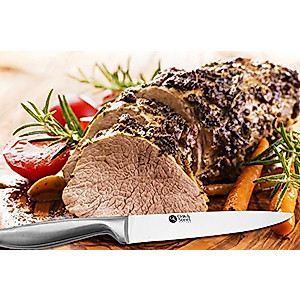 Oak & Steel 13 All-In-One Stainless Steel Chef Knife & Kitchen Cooking Utensil Set - Rotating Stand with Built-in Sharpener, 7 Cooking Tools, 5 Professional Knives