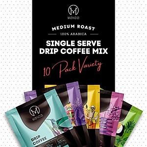 Mondo Drip Coffee Mix (10-Pack Variety), Single Serve Pour Over Filter Bags, Pre-Filled 100% Arabica, Medium Roast