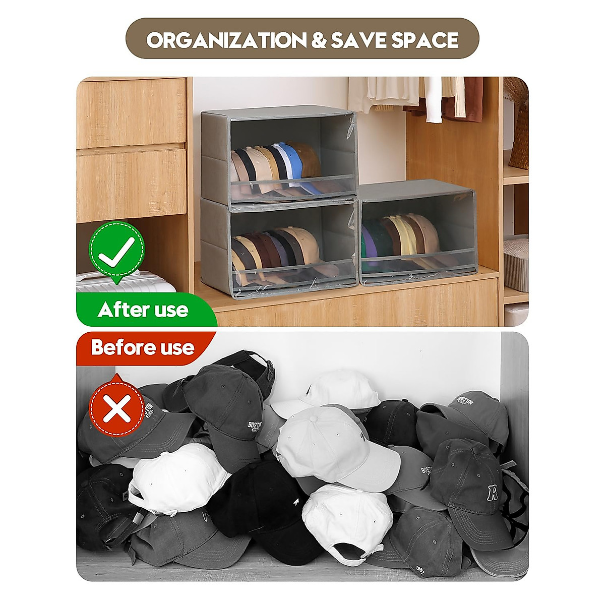 Beveetio 2 Pcs Hat Storage Box With PVC Dustproof Cover, Space Saving Hat Organizer For Baseball Caps, Baseball Cap Organizer For Pack Hats, Stackable Cap Holder Organizer, Hat Organizer For Closet