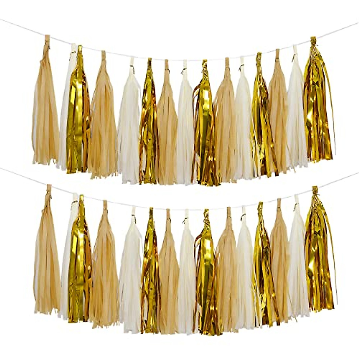 MerryNine Tissue Tassels Garlands, 30PCS Tassels, 14 Inch Long Tassels, for Wedding, Baby Shower, Event & Party Supplies Decoration (Tan/Ivory/Gold Set)