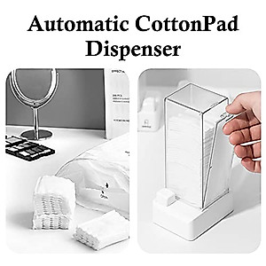 Hoenu Automatic Cotton Pad Dispenser, Square Press Out Cosmetic Cotton Pad Holder and Organizer, Lint-Free Nail Wipes with Dispenser, Vanity Makeup Organizer (White)