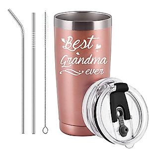 Aletege Best Grandma Ever Tumbler Best Grandma Travel Tumbler with Straw Birthday Mothers Day Gifts for Grandma from Grandkids Grandson Granddaughter Grandma Travel Tumbler with 2 Lids 20OZ Rose Gold