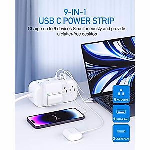 6FT PD 65W USB C Power Strip Surge Protector for Travel&Work, 9-in-1 Power Strip with 6 Widely AC Outlets&3 USB Ports, Overload Protection, Flat Plug, Wall Mount, Desk USB Charging Station, 1875W/15A