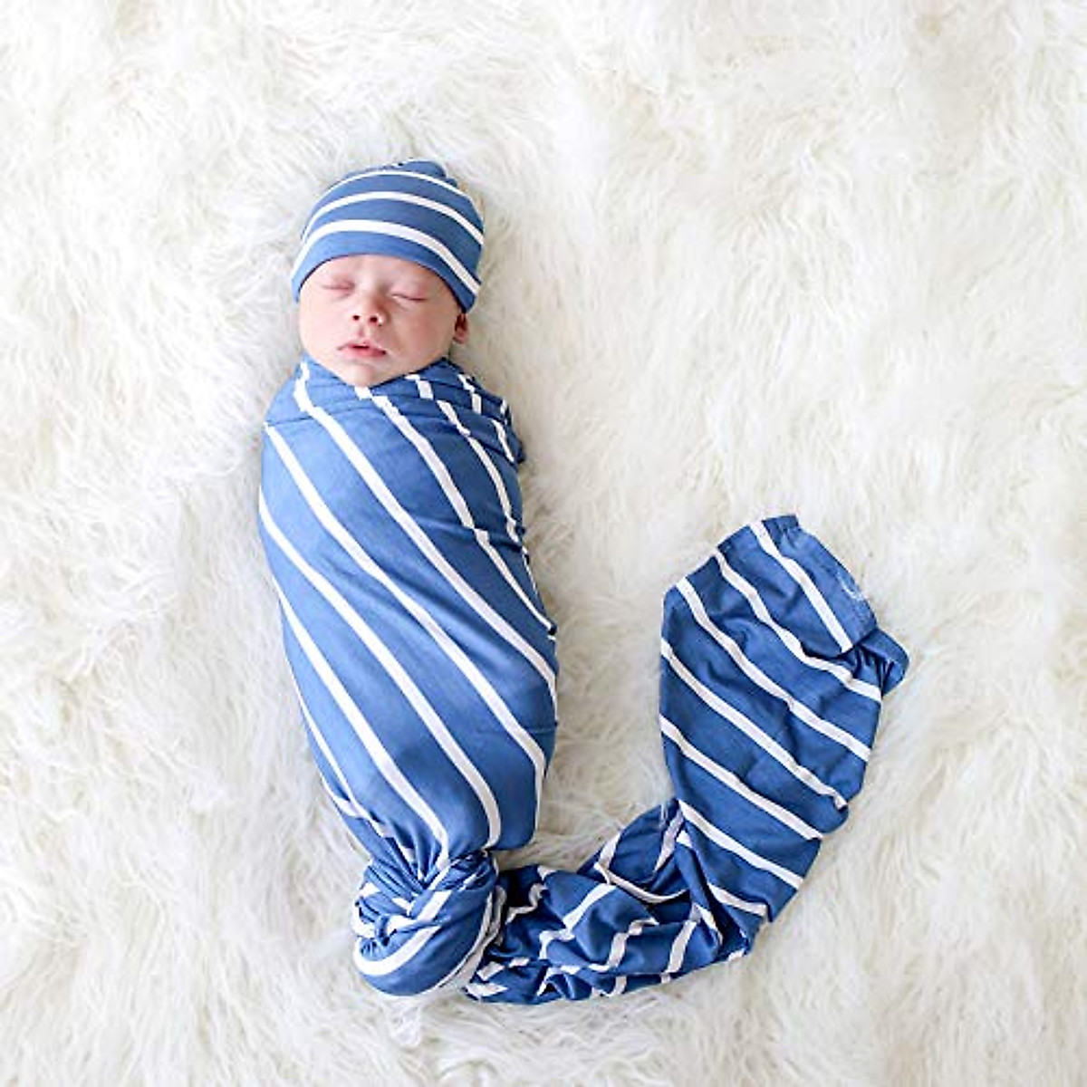 Posh Peanut Baby Swaddle Blanket & Beanie - Matching Newborn Swaddle Set, Doubles As Receiving Blanket or Nursing Cover (Denim Blue Stripe)