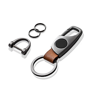 Gkeygo Carabiner Keychain, Key Chains for Car Key with 2 Key Rings and Anti-Lost D-Ring, Multifunctional Keychains for Men and Women – Grey(Brown Leather)