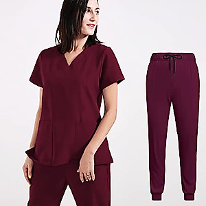 Scrubs Set for Women Joggers V-Neck Pocket Top Uniforms Athletic Stretch Set Workwear Drawstring Threaded Pant Legs