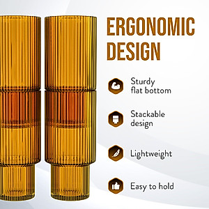 American Atelier Vintage Art Deco Fluted Drinking Glasses | Ribbed Glassware for Cocktail, Gin, Whiskey, & More | Modern Glassware | Lowball Fluted Cocktail Glasses | Set of 4 (11 oz, Amber)