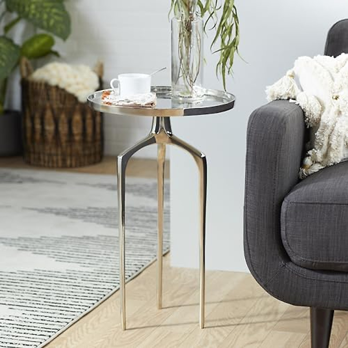 Deco 79 Aluminum Metal Side End Accent Table Slim Tray Top End Table with Tripod Legs, Side Table 16" x 16" x 25", Silver