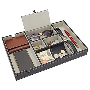 Juvale Leather Valet Catchall Tray for Men with 6 Compartments - Bedside Nightstand Organizer for Phones (Black)