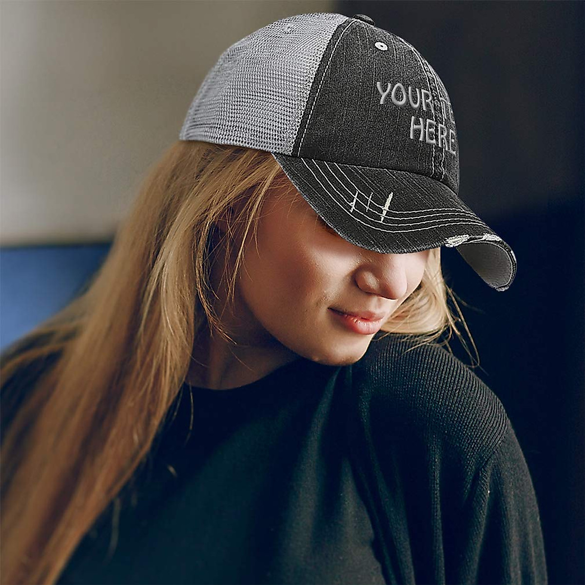 Distressed Cap Trucker Hat Custom Personalized Text Word Name Dad Hats for Men Black Gray