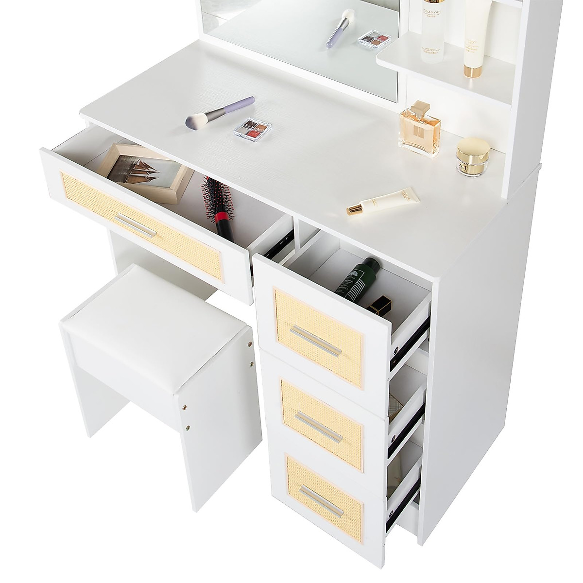 Lucaseone Vanity Table with Lighted Mirror, Makeup Vanity with Lights and Drawers, Vanity Desk Dressing Table with Cushioned Stool for Bedroom (Modern3076)