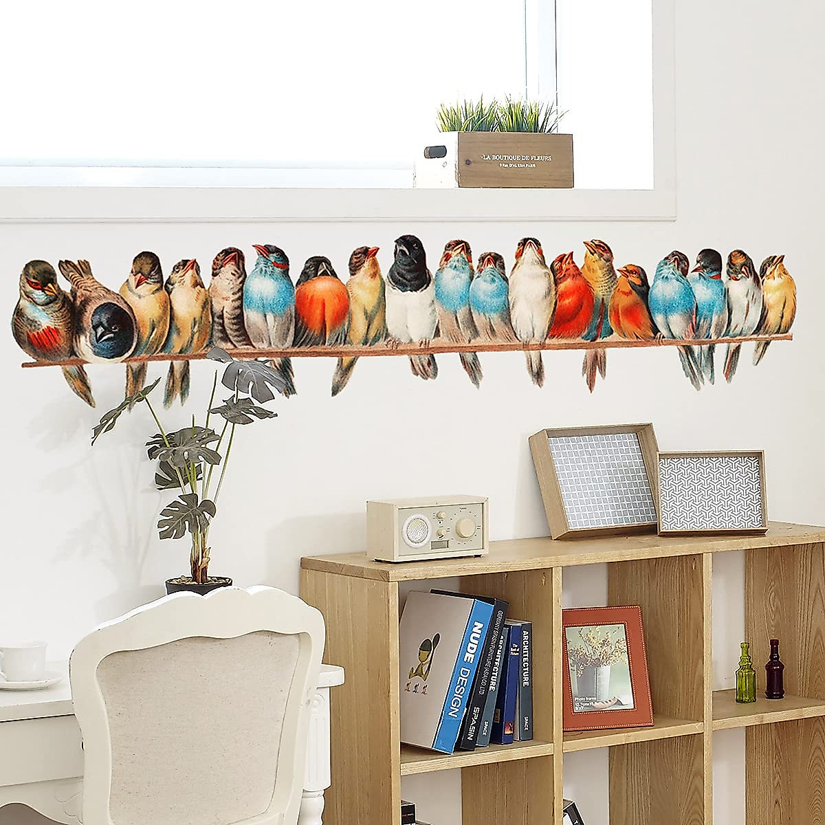 Wland 35.4 in x 7.8 in Watercolor Bird On Wire Spring Flowers Vines Leaves Birds Birdcage Animals Removable Vinyl Wall Decals Stickers for Children Room Nursery