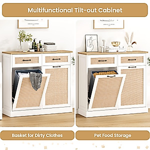CABIHOME Rattan Double Tilt Out Trash Cabinet, Freestanding Trash Can Cabinet 20 Gallon Storage, Hidden Pet-Proof Garbage Can Cabinet Laundry Hamper for Kitchen Dining Living Room