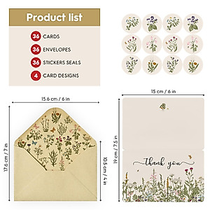 Artoid Mode 36 Pack Leaves Wildflower Thank You Cards Floral Greeting Cards Gift With Envelope Sticker Blank Note Cards for Birthday Wedding Baby Shower Bridal Shower, 4 x 6 Inch