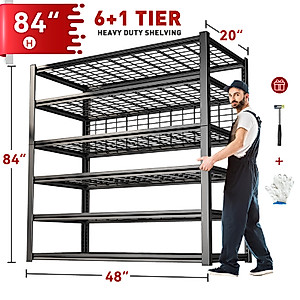 REIBII 84" H Garage Shelving, 6-Tier Garage Storage Shelves Heavy Duty Shelving Loads 3500LBS, 48" W Adjustable Garage Shelves Metal Shelving Storage Shelf Industrial Shelving 84" H x 48" W x 20" D