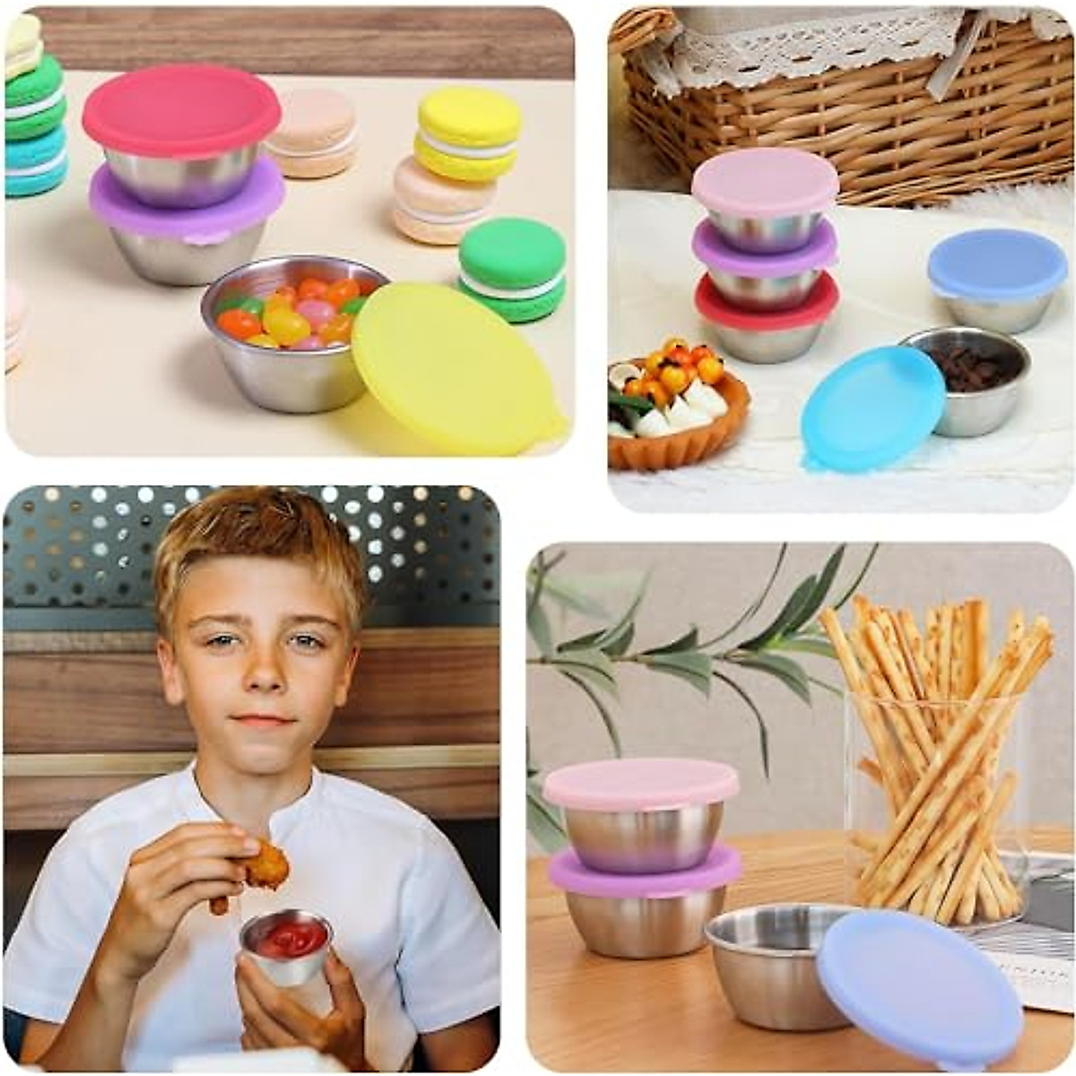 Moretoes 9pcs Salad Dressing Container To Go, Sauce Cups, 1.6oz Mini Condiment Containers with Lids for Bento Boxes and On-the-Go Meals（Rainbow - Colored