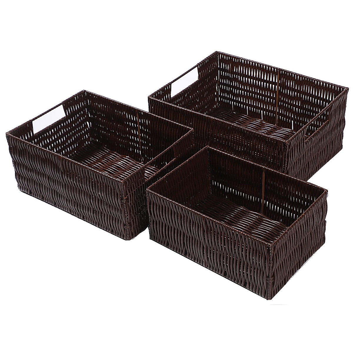 Elevon Handmade Storage Basket Set of 3, Plastic Wicker Baskets for Organizing with Handles, Storage Bins for Home Kitchen Countertop, Shelf Organizer, Waterproof, Coffee