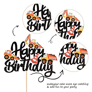 1 PCS Construction Happy Birthday Cake Topper Glitter Construction Cake Pick Dump Truck Excavator Tractor Cake Decorations for Construction Theme Baby Shower Kids Birthday Party Supplies Black