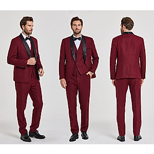 MYS Mens 3-Piece Suit Shawl Lapel One Button Tuxedo Slim Fit Premium Dinner Jacket Vest Pants & Tie Set Deep Red