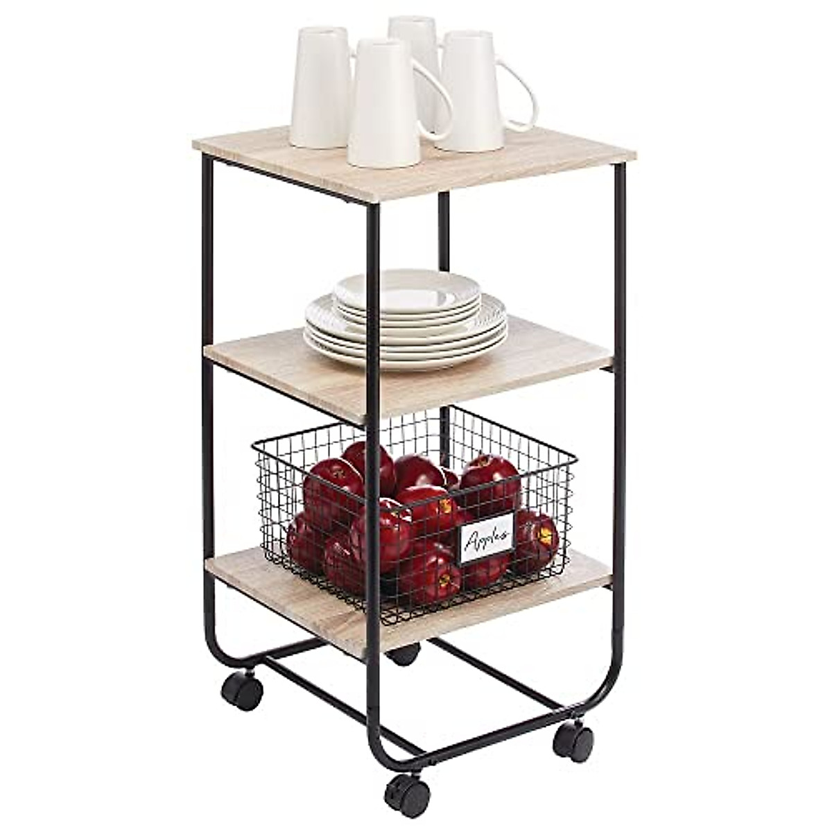 mDesign Metal Wood 3-Tier Rolling Household Storage Cart to use in Bathrooms, Kitchen, Craft Rooms, Laundry Rooms, and Kid's Rooms - Portable, Includes 4 Caster Wheels - Natural/Black