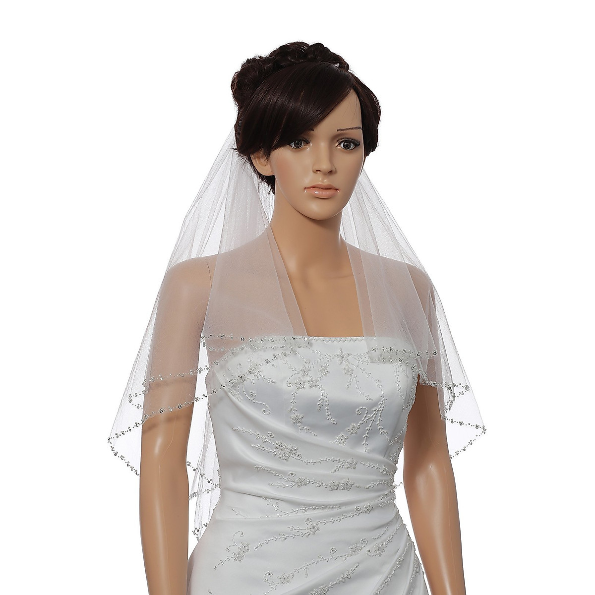 2T 2 Tier Silver Pearl Crystal Beaded Veil - Light Ivory Fingertip Length 36" V485