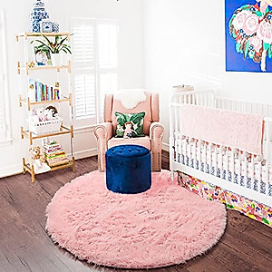 ONASAR Pink Round Area Rug 4ft, Soft Bedroom Circle Rugs Floor Mats for Kids Girls Teen Room, Cute Fluffy Plush Shaggy Carpet for Baby Nursery Living Room Playroom Home Decor Princess Castle