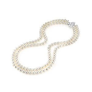 The Pearl Source 6.5-7.0mm AAA Quality Double Strand White Freshwater Cultured Pearl Necklace for Women in 18-19" Princess Length