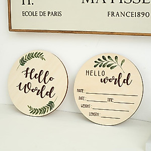 2 Pack Baby Announcement Sign, 5.9 Inch Wooden Hello World Newborn Sign, Double-Sided Pattern Birth Announcement Signs for Photo Props Baby Shower Hospital Nursery