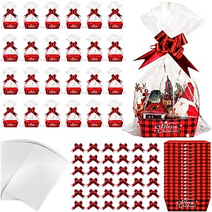 Cholemy 72 Pcs Christmas Gift Baskets Empty to Fill Kit DIY Basket for Gifts Empty Bulk 24 Market Tray Favor with Handles 24 Clear Basket Bags 24 Bows for Xmas Holiday Birthday(Buffalo Plaid)