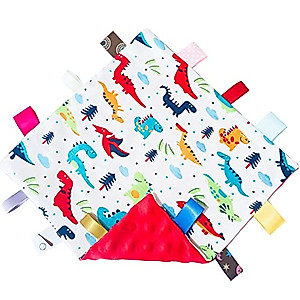 Red Dinosaur Baby Tags Blanket, Cute Toddler Security Blanket with Tags, Soft Lovey Tags for Baby Gift