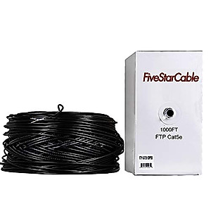 FiveStarCable 1000Ft Cat5e FTP 24AWG Outdoor Shielded Waterproof Direct Burial Rated 350MHz Bulk Ethernet Router LAN Cable Black (1000Ft, Cat5e(FTP))