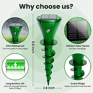 ReOasis Solar Powered Mole Trap with Screw-Shape Stakes, 4 Pack Mole Repellent for Lawns, Ultrasonic Mouse Repellent, Snake Gopher Vole Repellent for Outdoor, Garden, Lawn, Yard, Farmland