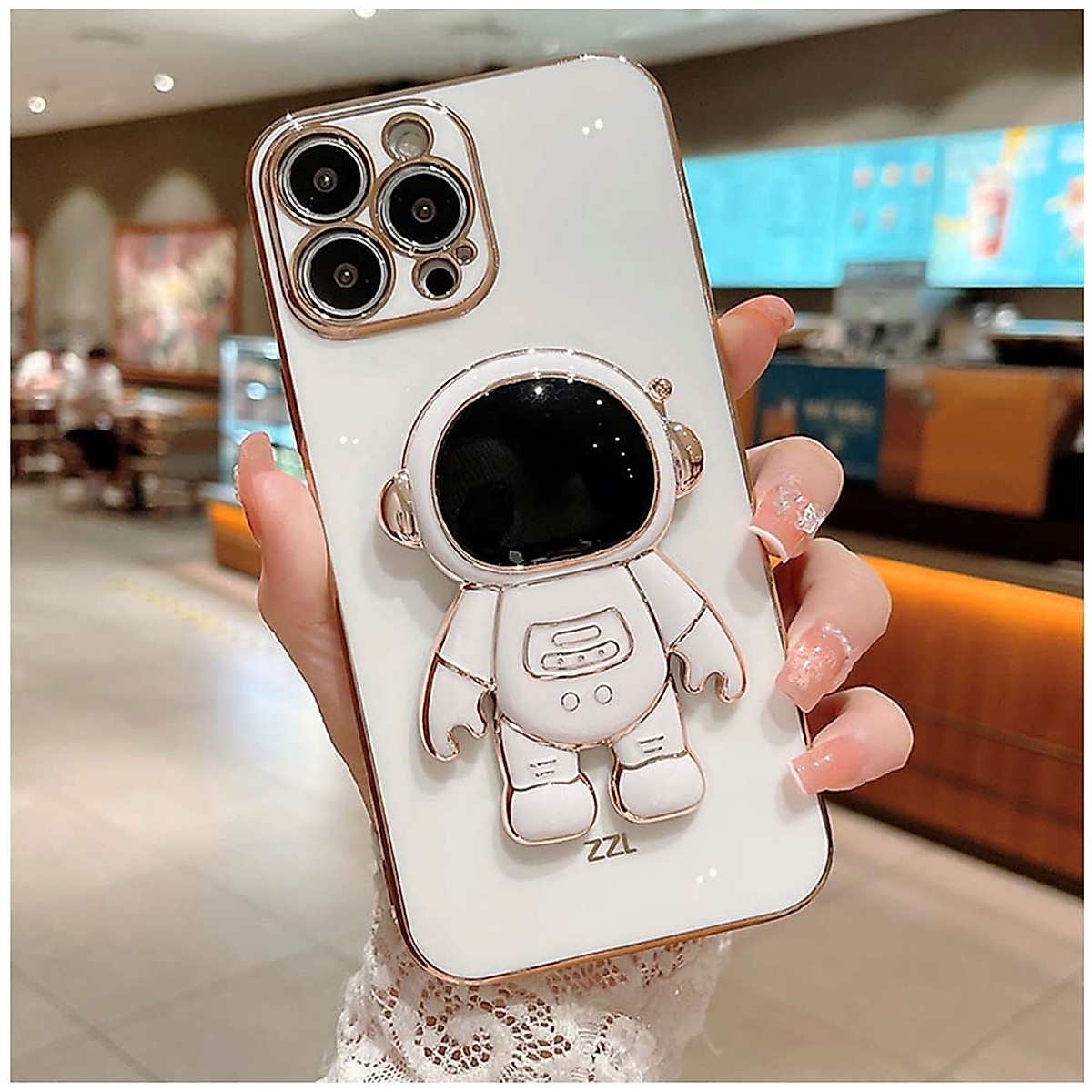 AIGOMARA 6D Plating Astronaut Hidden Stand Case Cover for iPhone 13 Pro Max Women Astronaut Folding Bracket Kickstand iPhone Case with Camera Protector Soft TPU Shockproof Bumper 6.7 Inch - White