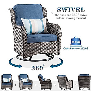 XIZZI Patio Chair Outdoor Swivel Rocking Patio Chairs Set of 2 and Matching Side Table 3 Pieces PE Rattan Wicker Patio Bistro Set 360 Degree Rotation Chairs,Grey Wicker Denim Blue