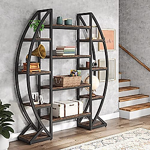 Bookshelf, Oval Triple Wide 5 Tiers Etagere Bookcases, Industrial Display Shelves for Living Room (Brown, 55")