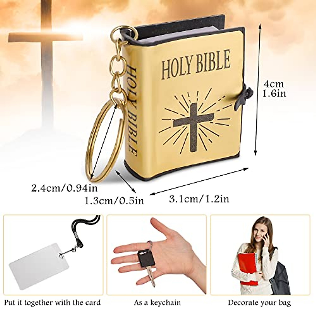 Teaaha 12 Pieces Mini Bible Book Keychain Small Holy Miniature Book Keyring Handbag Pendant Religious Key Ring Jesus Keychain Souvenir Christian Present for Church Baptism Souvenir Gifts