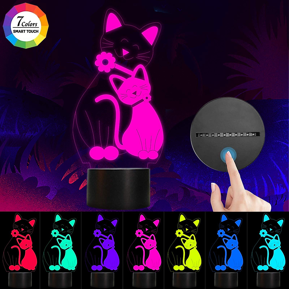 Bagvhandbagro Cat 3D Lamp, Animal Cat Kitty LED Night Light Touch Table Desk Lamp 7 Color Changing with Acrylic Flat & USB Cable, Christmas Birthday Gift for Boys Girls
