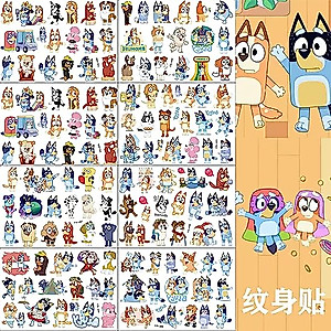 8 Sheets blueys Party Supplies Temporary Tattoos, (136pcs) Birthday Party Supplies Favors Super Cute Fake Tattoos Stickers Party Decorations Boys Girls School Rewards Gifts