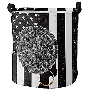 Laundry Baskets African Woman Collapsible Clothes Hamper Black Girl American Flag Foldable Freestanding Laundry Hamper with Handle Storage Basket for Laundry 16.5x17in